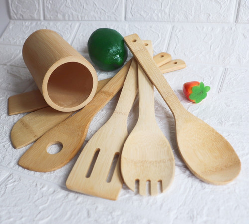 Eco Friendly Reusable Cooking Set Natural Wood With Spoons Bamboo ...