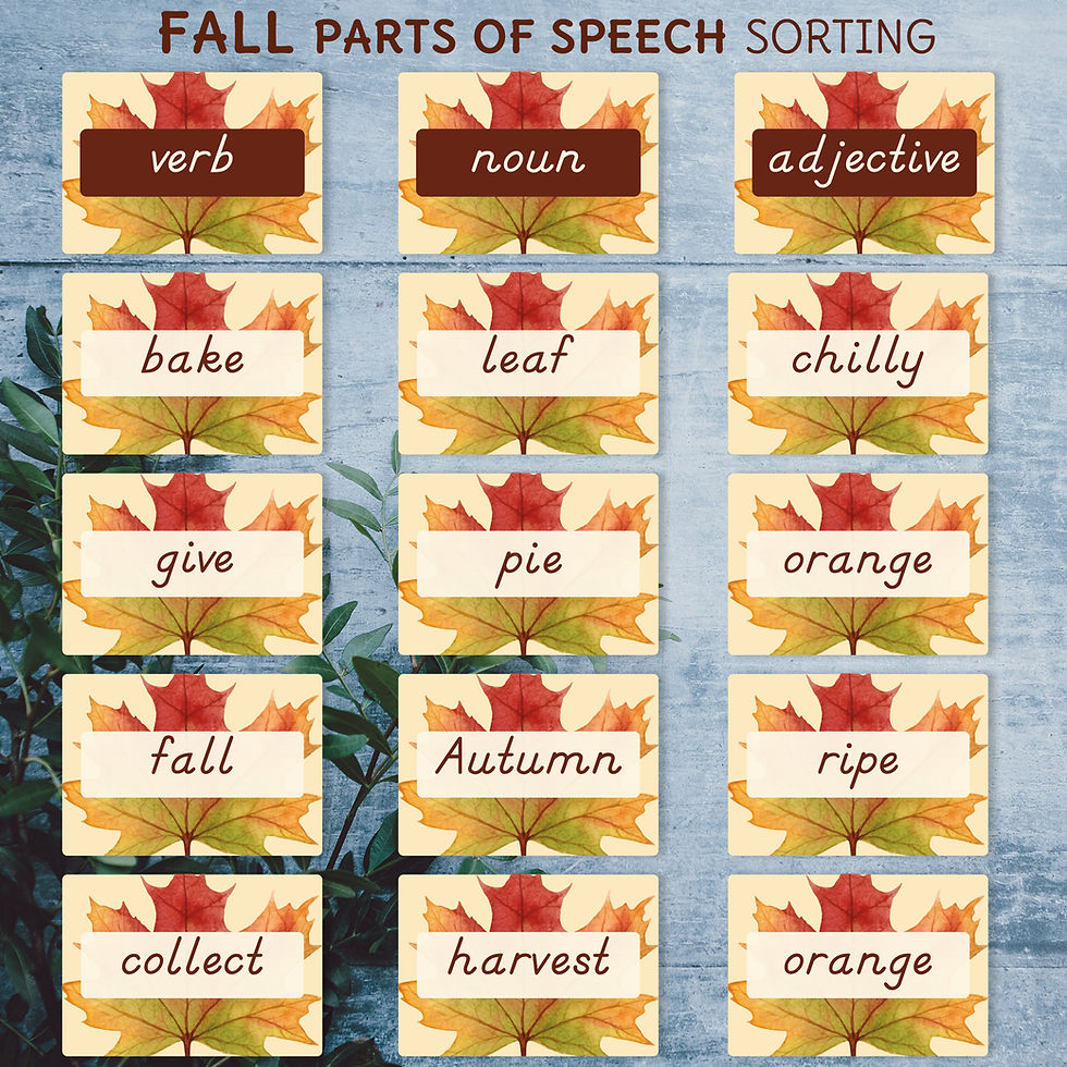 Noun Verb Adjective sort worksheets. Montessori fall printable activity ...