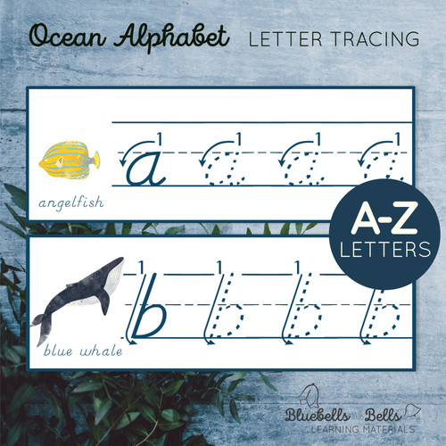Ocean alphabet letter tracing printable cards. D'Nealian font ...