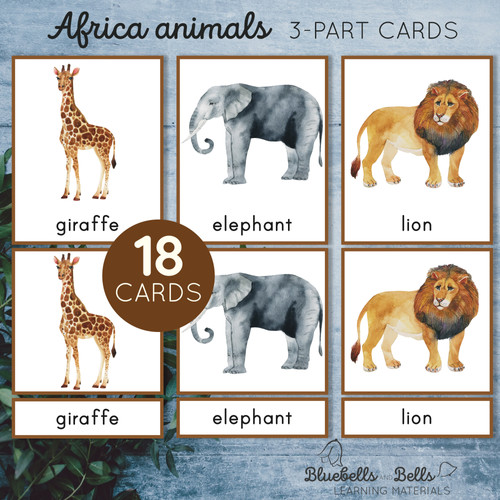 Africa animals Montessori printable 3-part cards. Safari Savanna ...