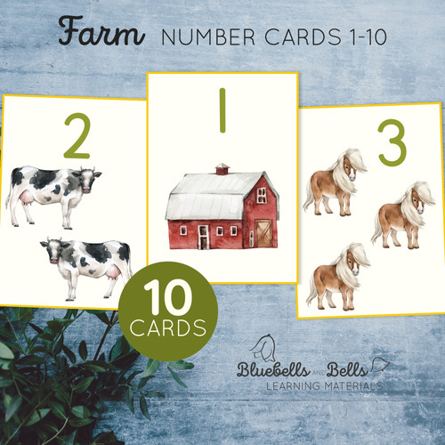 Farm animal Number flashcards printable PDF | Bluebellsandbells
