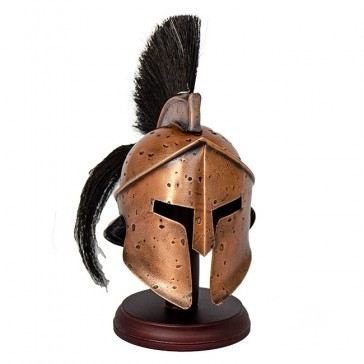 Mini Spartan Helmet (Antique Bronze) with Wooden Stand | PAST ADVENTURES