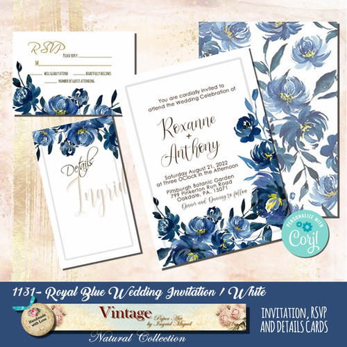 Invitación para Boda - Azul Royal con flores, RSVP y detalles/F-1131-1 ...