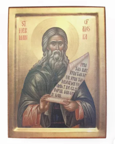 St Herman of Alaska icon. Print with varnish on wooden board. English ...