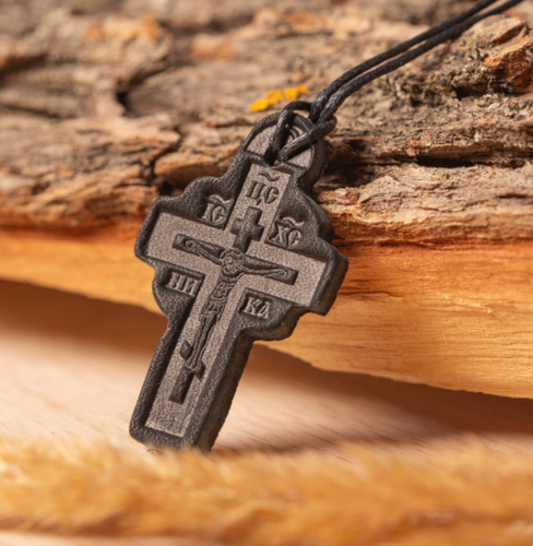 Black leather cross with Crucifixion detail. With cord. | Seraphim Orthodox