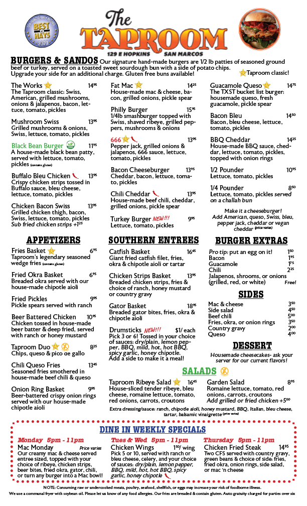 Menus | The Taproom & The Porch | San Marcos, TX