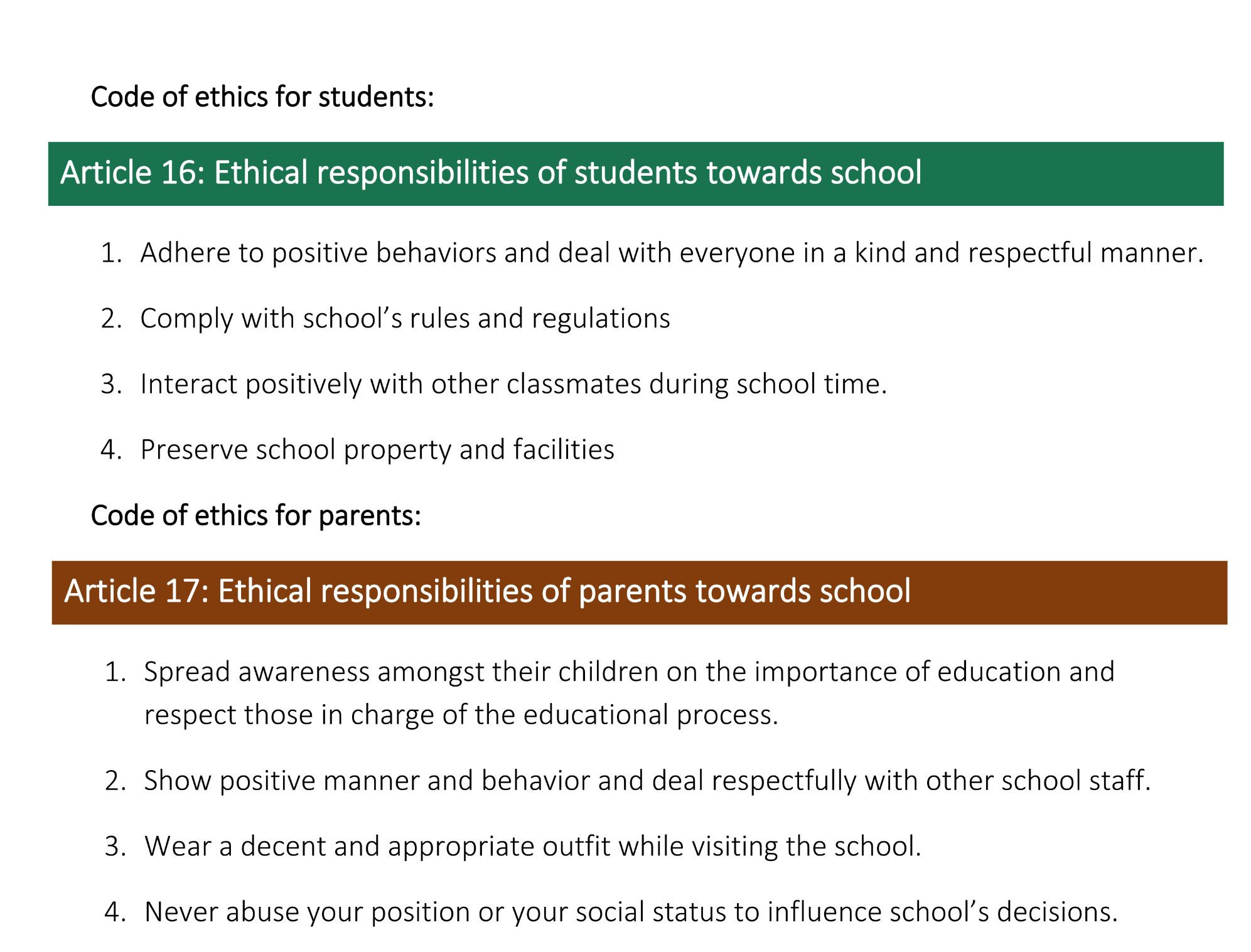 Code of Ethics (Parents and Students)