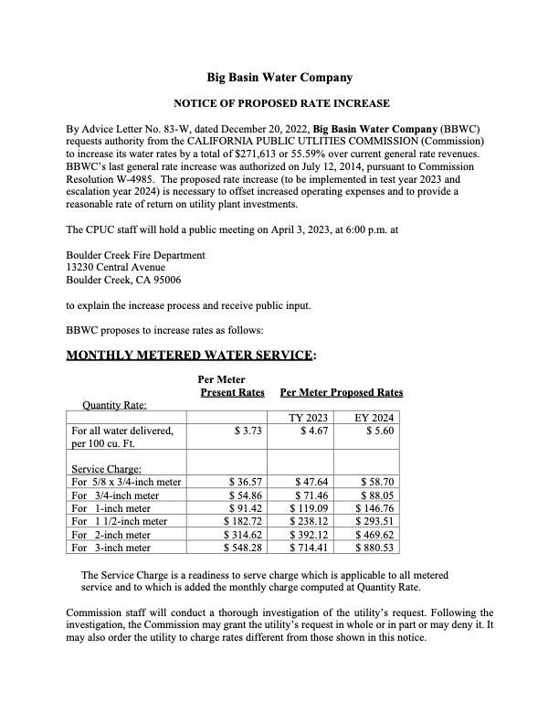 Rate increase meeting information from the CPUC | Bbw Customers Inform