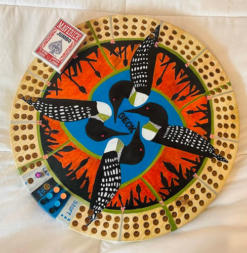 Abstract Loon Cribbage Board, 18 Inch Board with Loons on Orange ...