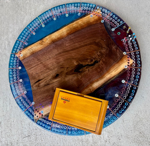 Blue and Red Round Resin River Cribbage Board | Cribbage King