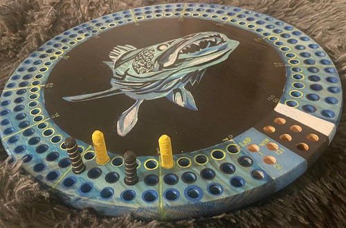 Large Walleye Fish Cribbage Board, Round Wood Board Walleye on Black ...