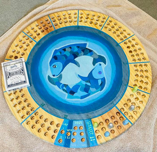 Abstract Blue Fish Cribbage Board, 18 inch Round Cribbage Board ...
