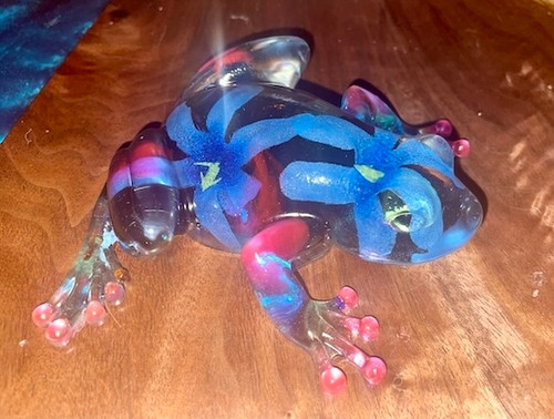 Handcrafted glass resin frog with blue and black flowers | Cribbage King