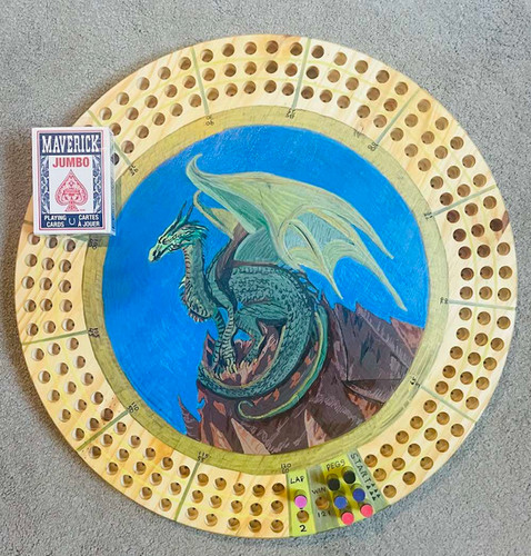 Dragon Cribbage Board, 18 Inch Round Wooden Board with Dragon on Blue ...