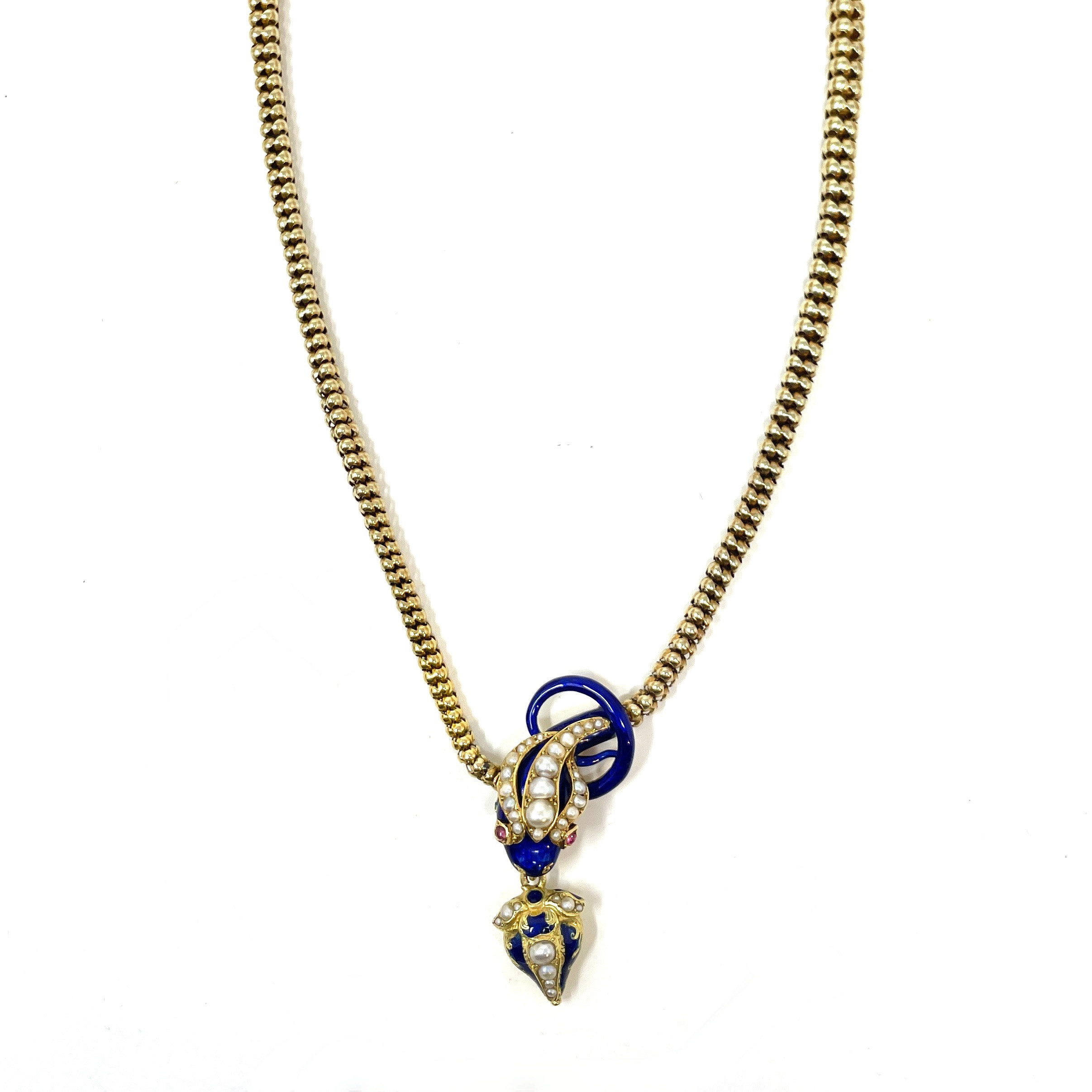 antique-18k-gold-enamel-and-pearl-snake-necklace