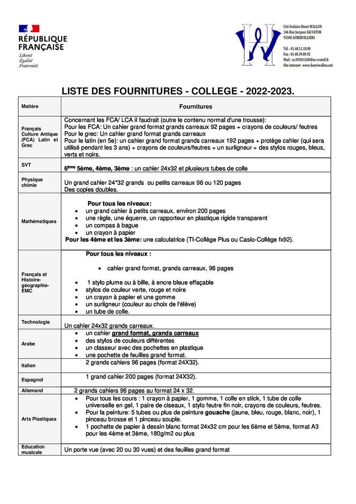 Liste des fournitures collège - 2022/2023 Liste des fournitures collège - 2022/2023
