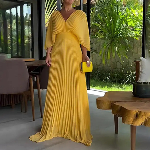 LUDO YELLOW PLEATED DRESS | Single Fabstarz