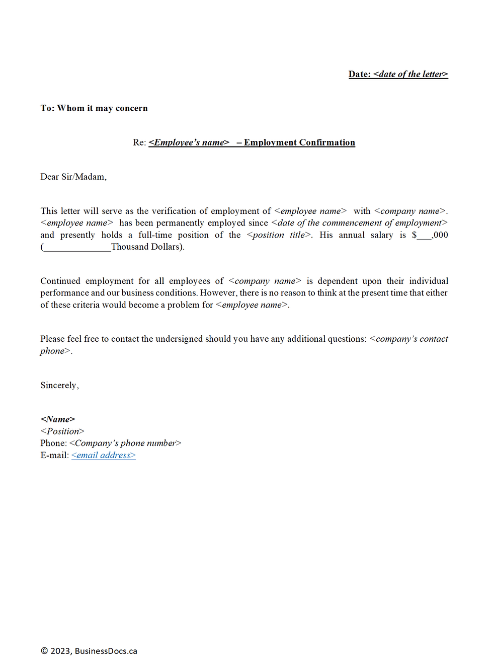 Letter of Confirmation of Employment | BusinessDocs