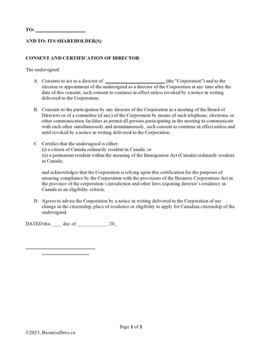 Consent and Certification of Director - Generic | BusinessDocs