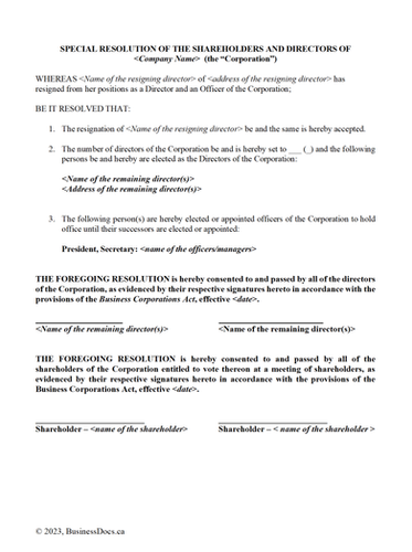 Resignation and Special Resolution accepting resignation of director ...