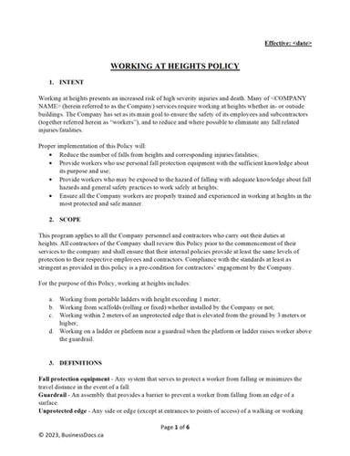 Working at Heights Policy | BusinessDocs