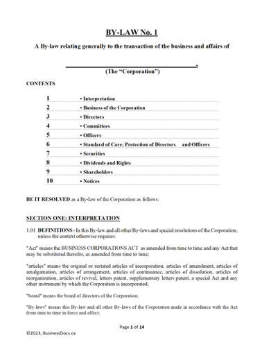 BY-Law No. 1 - Generic | BusinessDocs