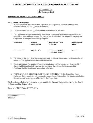 Special Resolution - Allotment and Issuance of Preference Shares - Generic | BusinessDocs