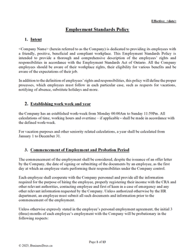 Employment Standards Policy - Ontario | BusinessDocs