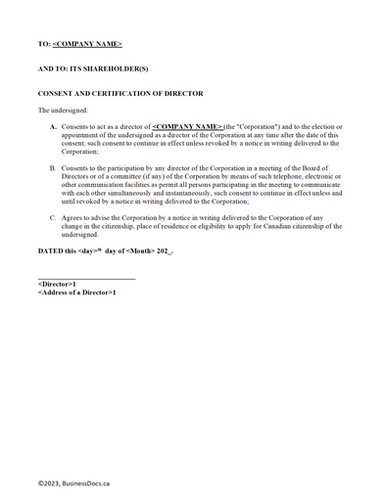 Consent and Certification of Director - Ontario | BusinessDocs