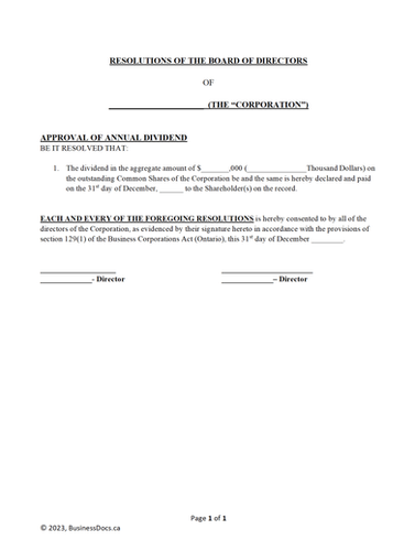 Resolution of Directors - Dividend - Generic | BusinessDocs