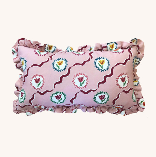 Frilled Cushion Large: Tulips of Belgravia in Pink and Burgundy | Ottoline