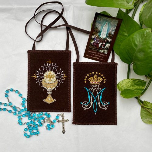 MANTLE OF MARY® Brown Scapular Auspice Maria Crown 12 Stars Blessed ...