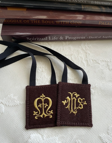 MANTLE OF MARY® Premade Brown Scapular IHS Marian Monogram | Mantle Of Mary