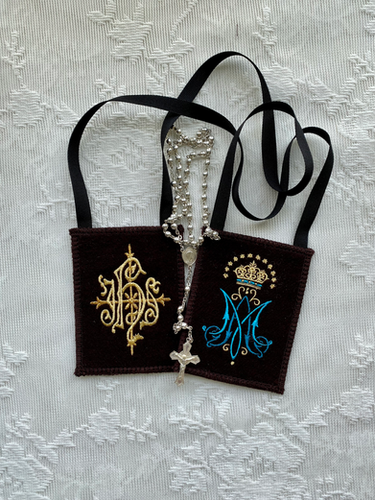MANTLE OF MARY® Brown Scapular3 x 4 inch Auspice Maria and IHS with ...