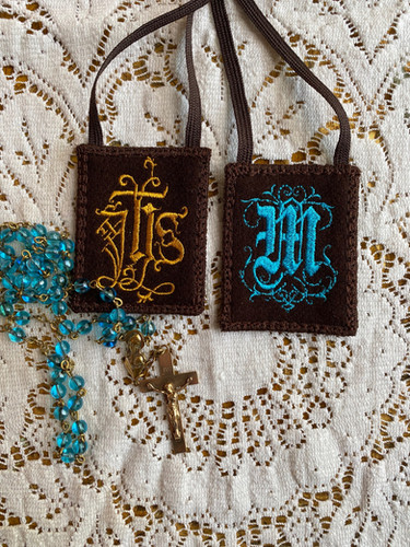 MANTLE OF MARY® Brown Scapular I.H.S. and Marian Monogram 2 x 2.5 inch ...