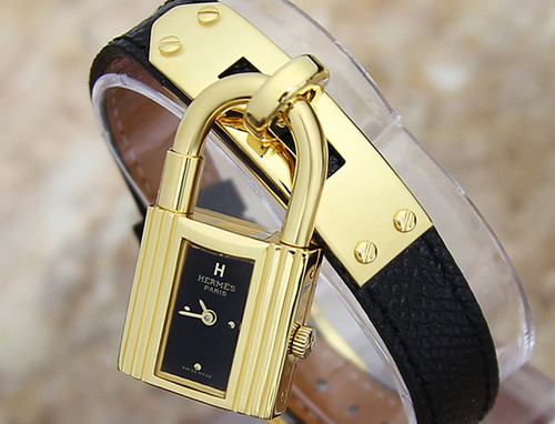 Hermes Kelly Lock Ladies Watch With Black Band