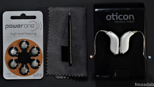 A pair of Oticon OPN3 digital BTE hearing aids iPhone compatible silver ...