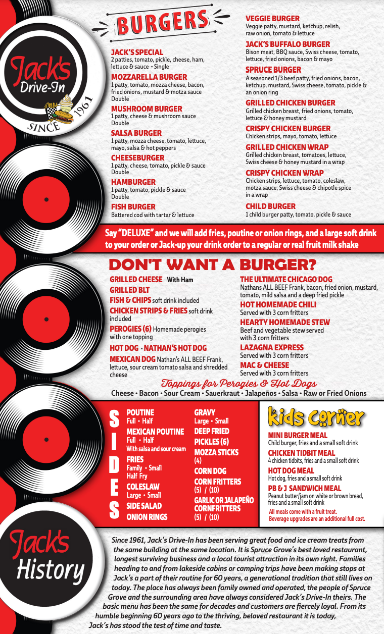 Jack's Food Menu | Spruce Grove