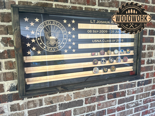 Large US Flag USN Logo Challenge Coin Display Case w/ Sliding Door | 10 DC