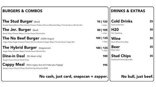 Menu | Stud The Burger Shop | Stellenbosch