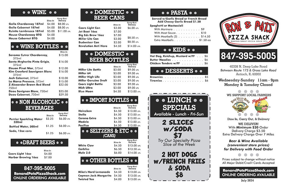 MENU | Ron And Pat's Pizza