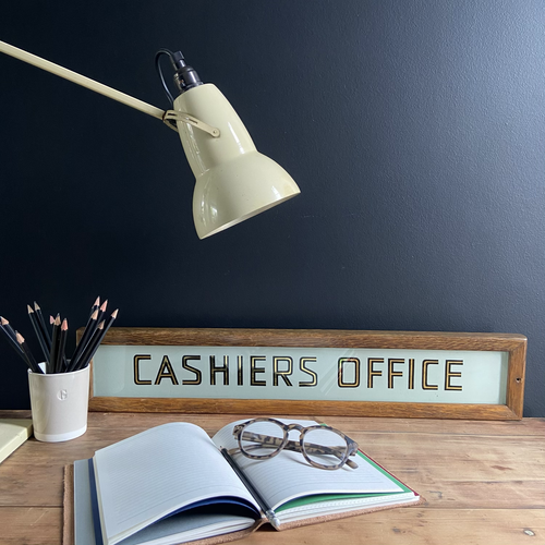 Original Vintage Glass Cashiers Office Sign | Saltmill Vintage