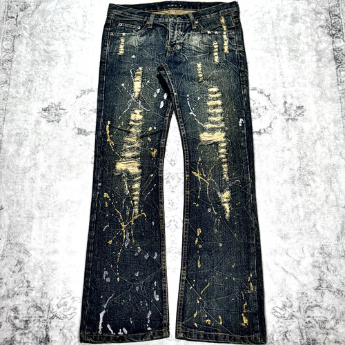 KUI - Distressed Gold & Chrome Splatter Bootcut Jeans | GosuArchive