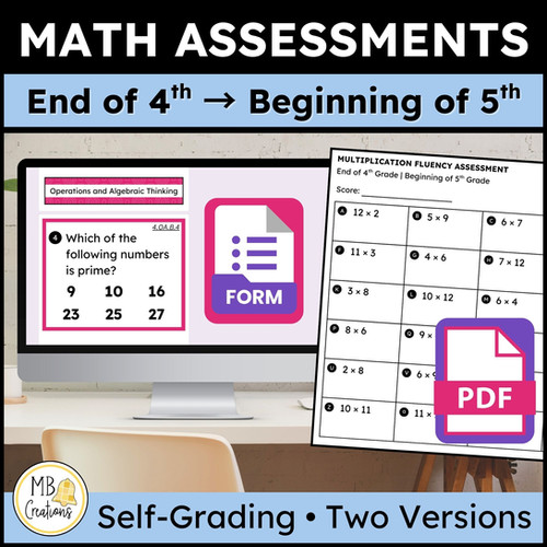 Beginning of Year Math Assessment Fifth Grade Self-Grading End of 4th ...
