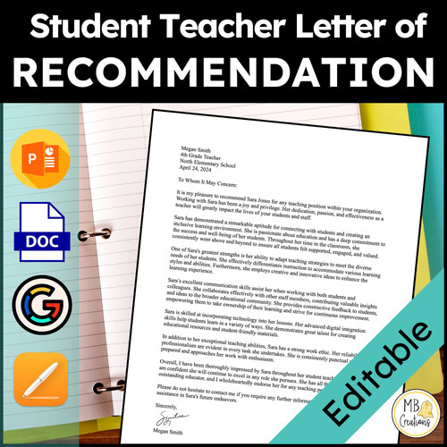 Letter of Recommendation for a Student Teacher: Editable Google Doc ...