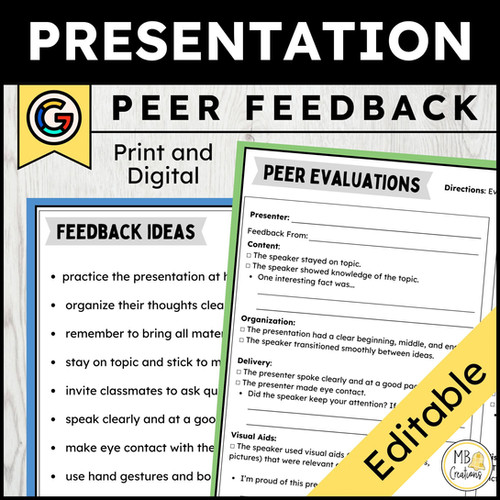 Presentation Peer Feedback Form Cards Glow and Grow Notes Editable ...