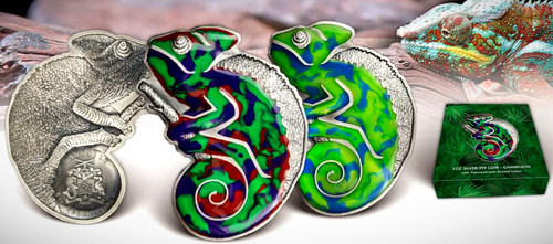 CHAMELEON Great Master of Colour Change 3 Oz Silver Coin 5$ Barbados ...