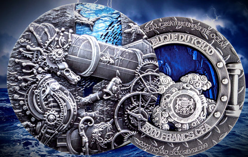 MECHANICAL CREATURE Under the Ocean 3 Oz Silver Coin 15000 Francs Chad ...