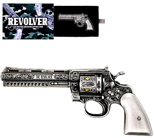 Revolver Gun Shaped Antiqued High Relief 2 oz .999 Silver Coin Chad ...