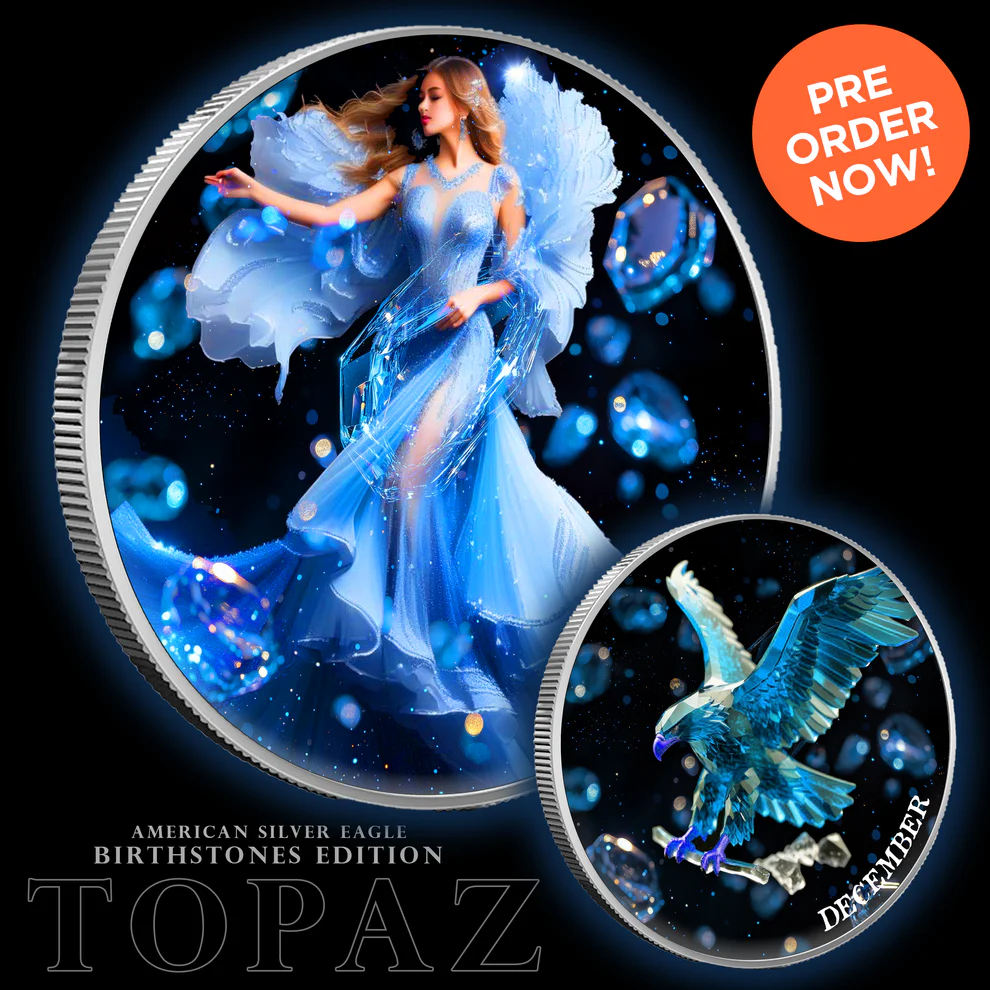 December - Blue Topaz Birth Month - 1oz Silver - $1 USA American Eagle ...